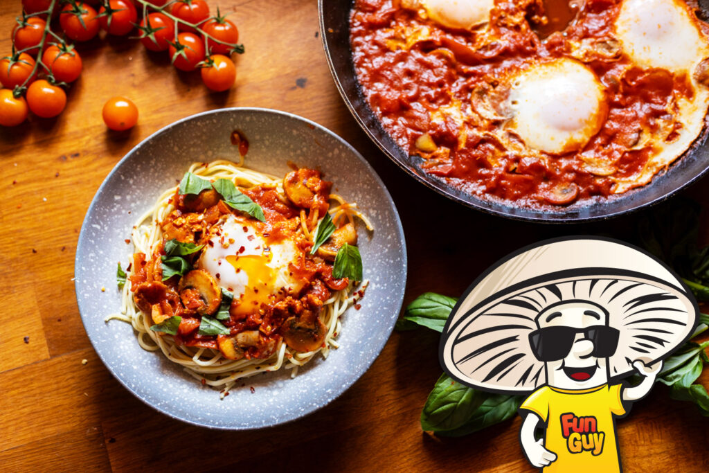 FunGuy Mushrooms FunGuy’s Eggs in Purgatory on Spaghetti - FunGuy Mushrooms